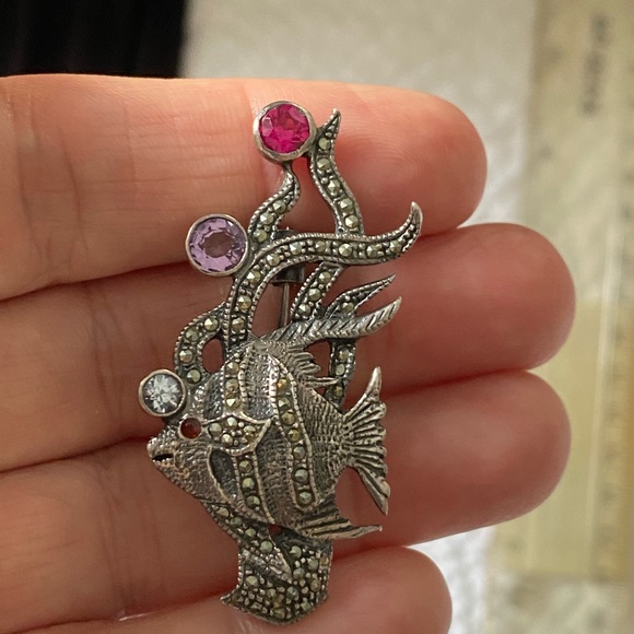 Jewelry | Vintage Sterling Silver Swimming Fish Colorful Round Stones ...